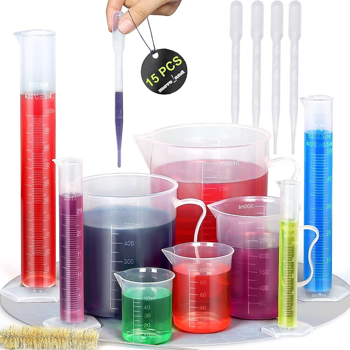 moveland Upgraded Plastic Graduated Cylinder and Plastic Beakers Set - Graduated Cylinder 10ml 25ml 50ml 100ml, Beakers 50ml 100ml 250ml 500ml 1000ml, 5 Pcs Pipettes, Ideal for DIY and Science Lab