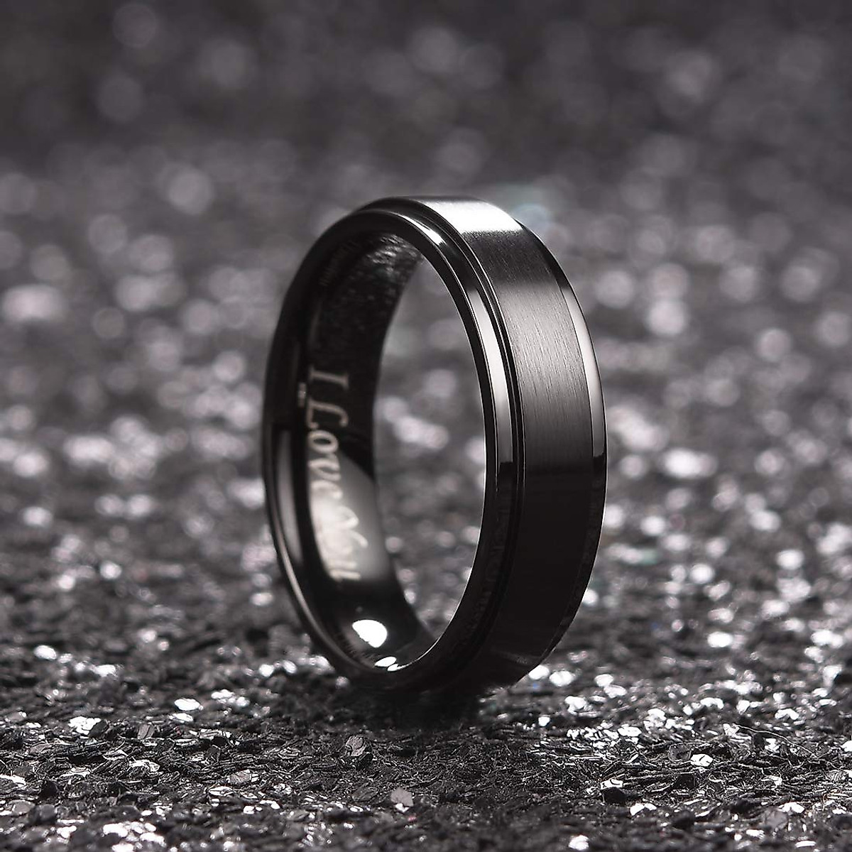 King Will Men 6mm Black Matte Brushed Stainless Steel Ring Stepped Beveled Edge Laser Etched I Love You 8