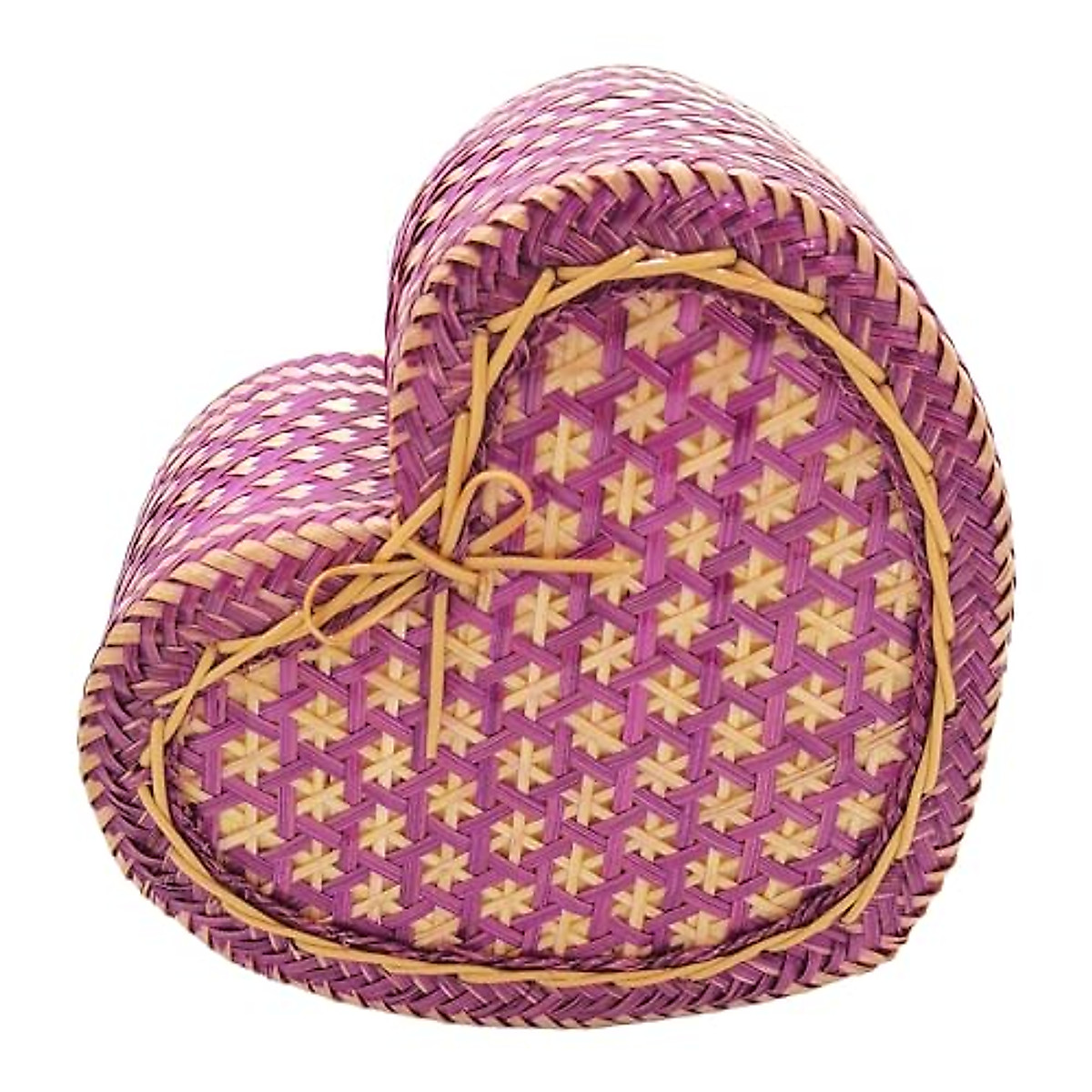 Bamboo Sticky Rice Serving Basket 6 x 5.2 Inch, Kratip, Intricately Woven Container, Heart-Shaped, Pikul Flower Weave Pattern, Thailand Handmade (Purple)