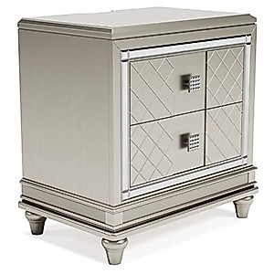 Signature Design by Ashley Chevanna Glam Embossed Diamond-Patterned 2 Drawer Night Stand with USB Charging Ports, Chrome