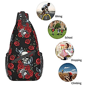 SUPLUCHOM Sling Bag Skull Bird Red Rose Gothic Hiking Daypack Crossbody Shoulder Backpack Travel Chest Pack for Men Women Over 12 Years Old