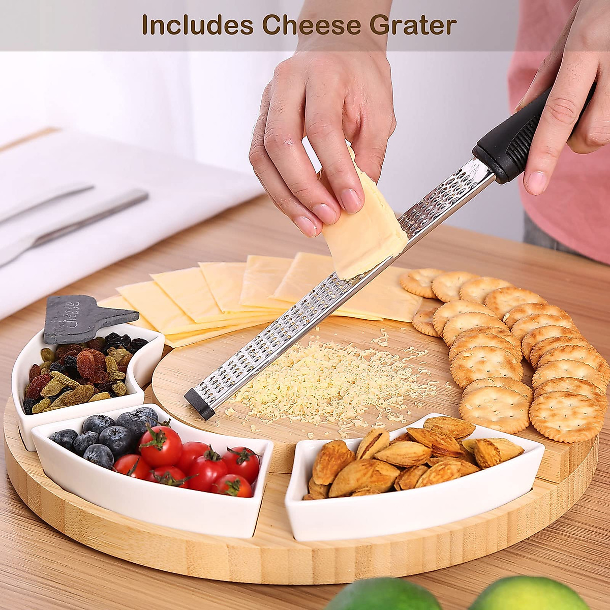 FITNATE Cheese Board Set Round Charcuterie Boards with Cheese Grater, Bamboo Swivel Cheese Cutting Board and Knife Set Cheese Serving Platter for Thanksgiving Day, Christmas, Family Gatherings