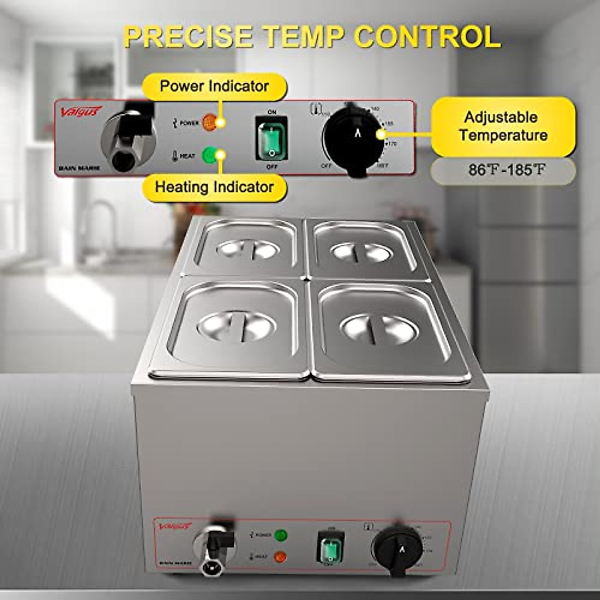 Valgus Commercial Stainless Steel 4 Sections Bain Marie Food Warmer 16 Qt Buffet Server with Lid and Tap for Home, Catering, Restaurants