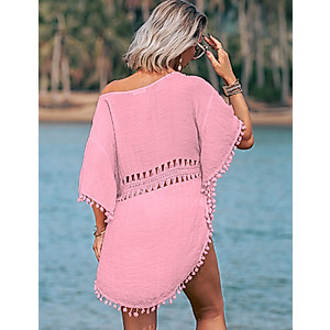 AI'MAGE Women's Crochet Chiffon Swimsuit Cover Up Summer Bathing Suit Bikini Pom Pom Beach Cover Ups Pink