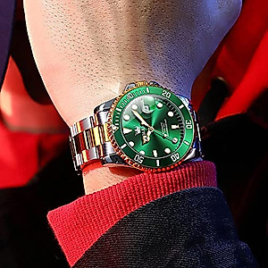 OLEVS Automatic Watches for Men Self Winding Submariner Green Face Watch Men Luxury Watches Stainless Steel Two Tone Watches Big Face Mechanical Men's Wrist Watches relojes de Hombre