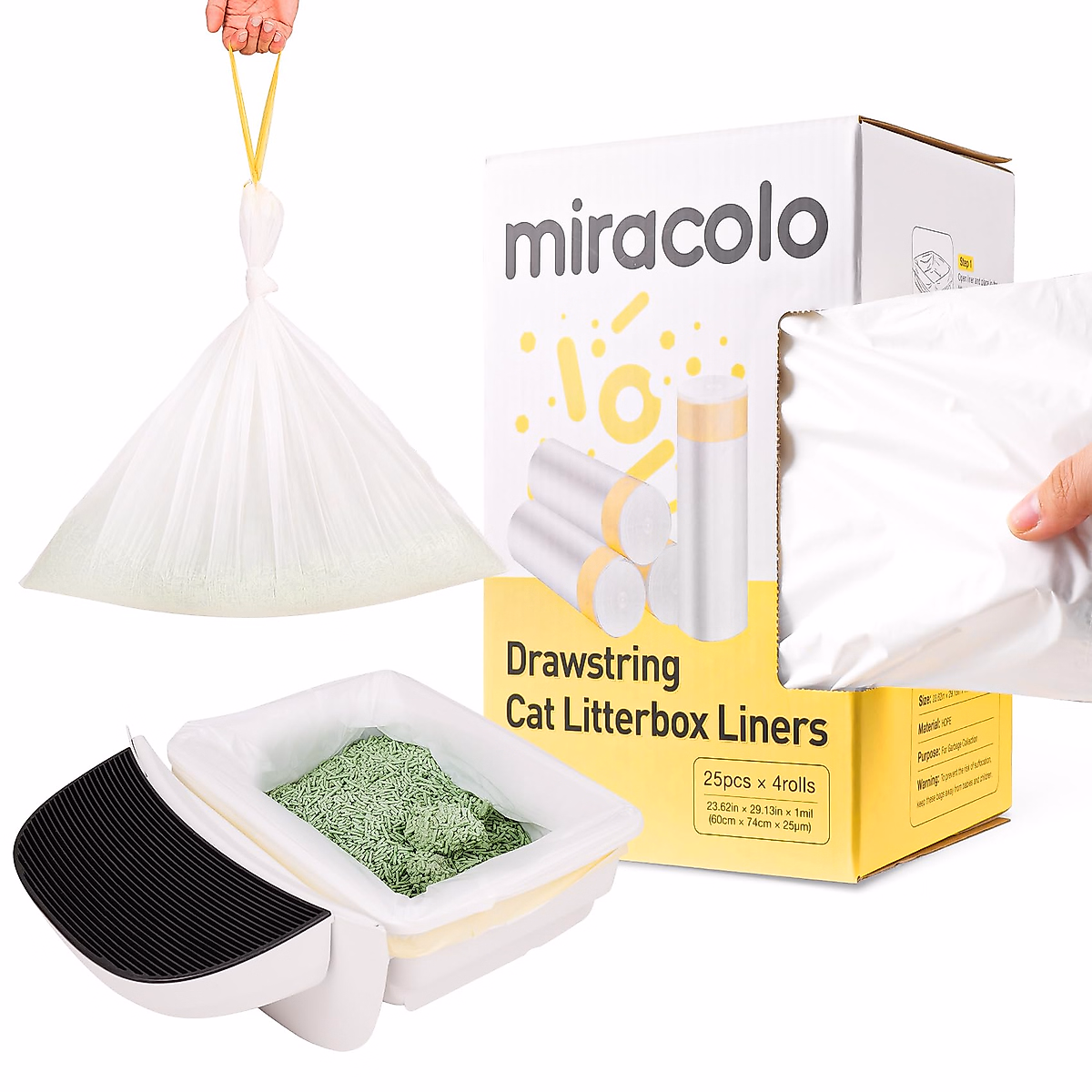 Miracolo Cat Litter Box Liner, Extra Durable Jumbo Drawstring Kitty Litter Bags Compatible with Litter Robot 3/4, Automatic Pull Waste Drawer Cat Litter Liners 100 Count - 29.13" x 23.62"