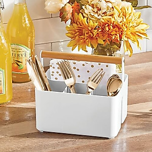 mDesign Plastic Portable Storage Organizer Kitchen Caddy Tote, Divided Bin w/Wood Handle for Napkins, Silverware, Forks, Knives, Spoons - Store in Cabinets, Counters - Aura Collection - White/Natural