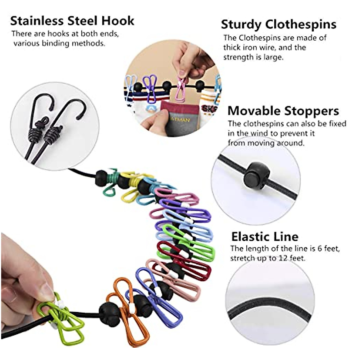Portable Travel Clothesline with 12pcs Colorful Clothespins, Outdoors Windproof Stretchy Elastic Camping Laundry Clothes Line for Backyard, Vacation Hotel, Balcony Clothes Drying Line