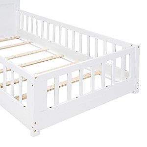 RORIGAT Wooden Twin Size House Bed with Window and Bedside Drawers, Platform Bed Frame with Shelves and a Set of Sockets and USB Port for Kids/Bedroom,White