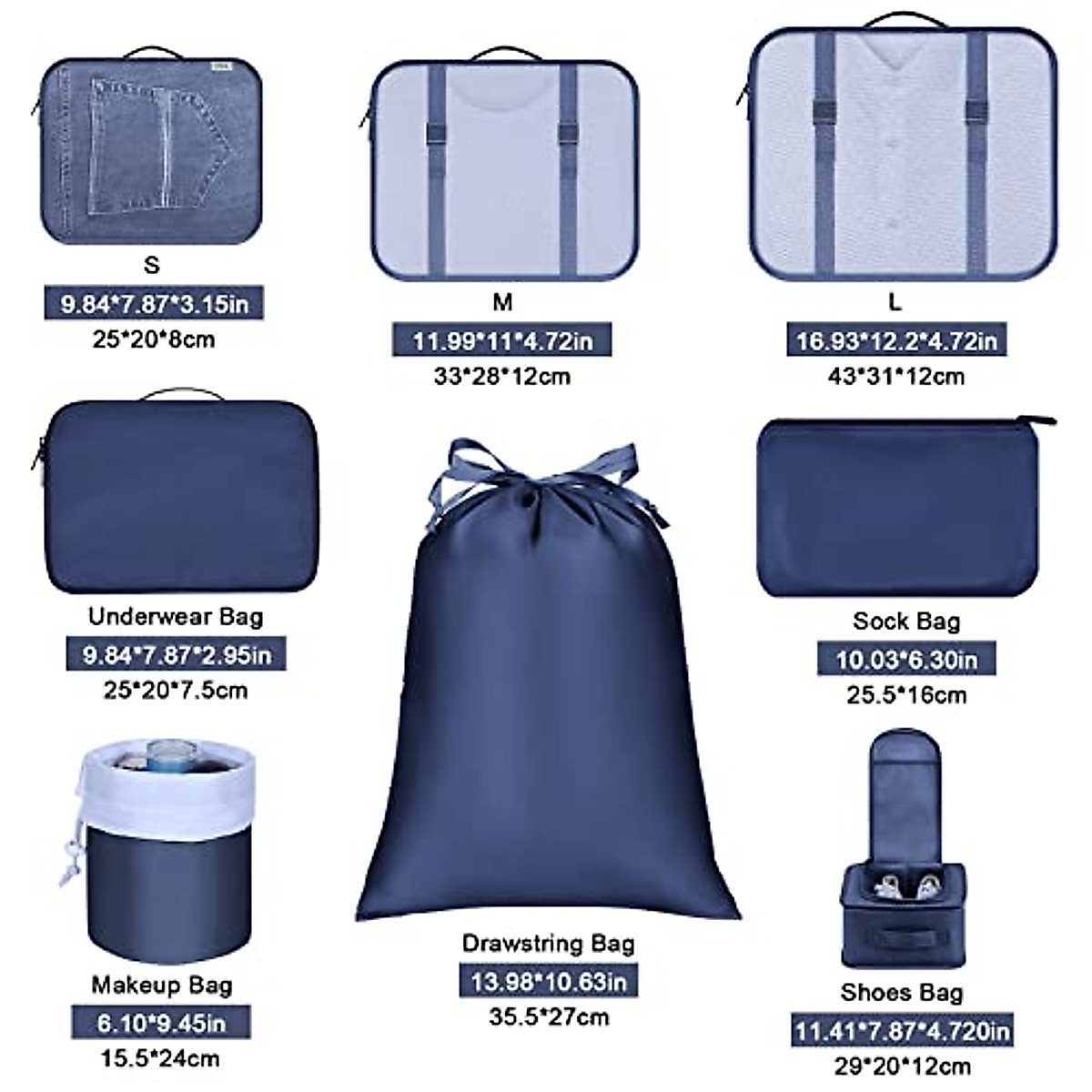 Packing cubes for essential travel - Set of 8 pcs of compression organizer for carry on suitcase, luggage mesh bags for accessories and clothing, laundry bag included (NAVY BLUE)