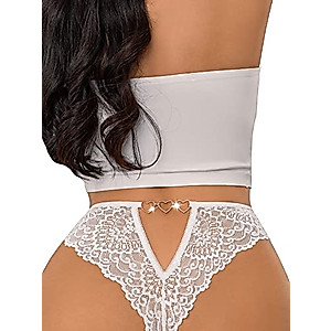 SweatyRocks Women's Lingerie Floral Lace Sheer Mesh Cut Out Thong Panties Underwear Plain White L