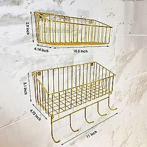 KingFurt Shower Caddy Gold,2Pcs Adhesive Bathroom Shower Organizer Shelves,Kitchen Storage Rack with Hooks,No Drilling Wall Mounted or Drill Stainless Steel Rustproof Shower Shelf for Inside Shower