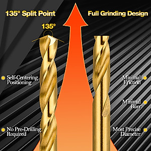 1/8" Titanium Drill Bits, HSS Metal Jobber Length Twist Drill Bits, 135° Split Point, Suitable for Drilling in Metal, Plastic, Wood, Pack of 10pcs, BECOLLO