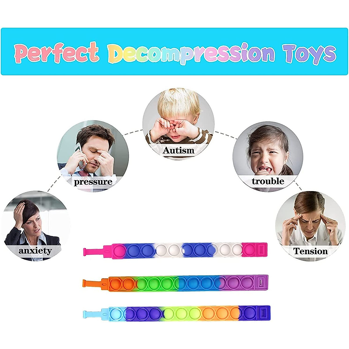 Tomoin Pop Bracelet Fidget Toy, 20Pcs Multi-Color Bracelet Popular Wristband Fidget Watch is Suitable for Children and Adults Stress and Anxiety Relief Wristband (20 PCS)(pop toy)
