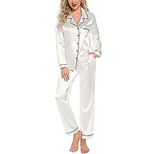 Pjmlifecoco Women's Silk Pjs Set Satin Long Pajamas Top and Pants 2 Pieces Sleepwear with Pockets White