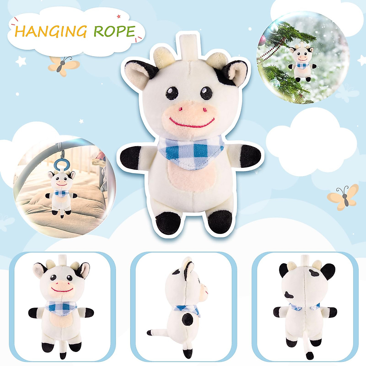 ush Baby Rattle Toys for Babies 0-6 Months Soft Baby Toys Stuffed Animal Plush Rattle Newborn Sensory Toys Newborn Infant Security Blanket Loveys Small Animals Doll（Cow）