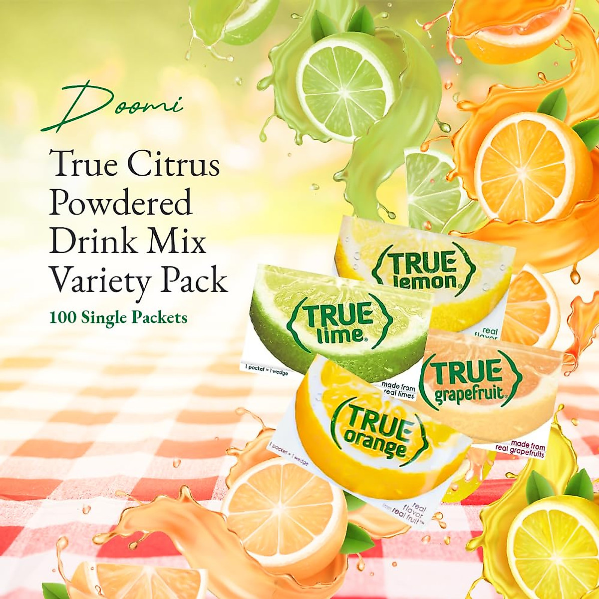 True Lemon, True Lime, True Orange, True Grapefruit, Varrirty Pack 100 Count, On-The-Go Powdered Drink Mix Variety Pack, Zero Calorie Unsweetened Water Flavoring, Each Packet Fits Into a 16.9 oz. Bottle or Cup