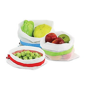 Reusable Produce Bags (Set of 6) Machine washable Breathable mesh design - Transport, Store & Organize Fruits and Vegetables | Color-Coded, Washable, Durable