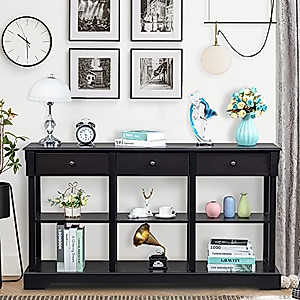 Karl home Console Table with 3 Drawers, Entryway Desk Sofa Side Table with 6 Bottom Cube Storage Shelves, Vintage TV Stand for Hallway Living Room Office, Black 32.5" H