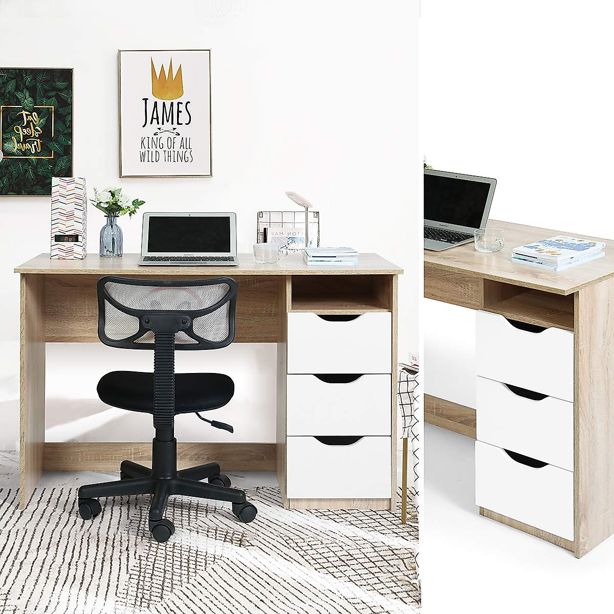 warmcentre Computer Desk, 43.3 Home Office Desk with 3 Drawer & Shelves Sturdy PC Table Workstation Modern Simple Style Writing Gaming Desk with Storage for Small Spaces, Easy to Assemble, Beech