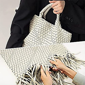 HDHTB Woven Tote Bag, Women Macaron Soft Leather Weave Handbag Purse Wrist Bag Large Capacity Work Shopping Travel Daily (Beige)