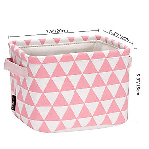 Sea Team Foldable Mini Square New Pink and White Geometric Theme 100% Natural Linen & Cotton Fabric Storage Bins Storage Baskets Organizers for Shelves & Desks - Set of 4 (Pink)