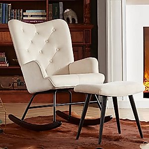 Iroomy Velvet Rocking Chair Nursery Glider Chair, Comfy Nursery Rocking Chairs W/Ottoman, Small Nursing Chair Rocking Chair Indoor, Modern Nursery Chair Rocker for Baby/Kids Living Room/Bedroom-Beige