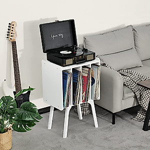 LELELINKY Small Record Player Stand - Width 11.7 In, White Vinyl Record Storage Table with 4 Cabinet Up to 80 Albums, Vinyl Holder with Wood Legs,Turntable Stand Display Shelf for Bedroom Living Room