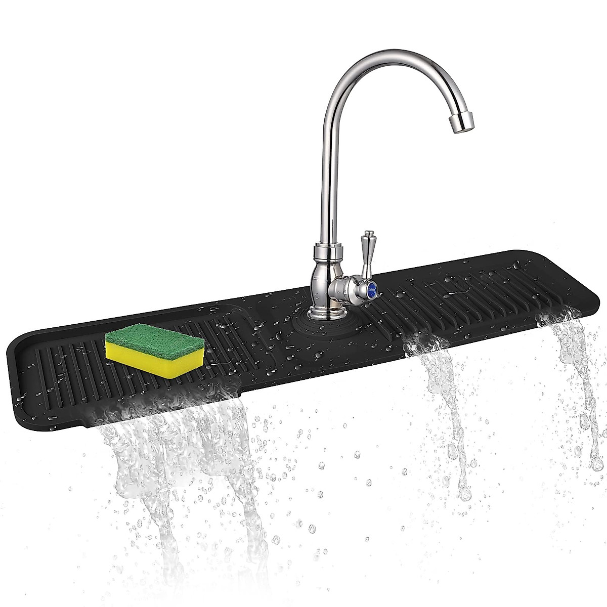 Burfocus Kitchen Sink Splash Guard, Silicone Faucet Handle Drip Catcher Tray Silicone Faucet Mat Kitchen Sponge Holder for Kitchen Sink Accessories Sink Protectors for Kitchen Sink （Black24" x 5.5"）