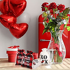 Whaline 24 Pack Valentine's Day Burlap Gift Bags 6 Designs Red Black Buffalo Plaid Drawstring Bags Rustic Style Linen Pouches Sacks for Wedding Bridal Shower Party Favors Supplies, 4 x 6 Inch