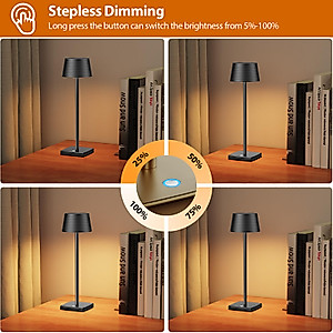 YIBEN Rechargeable Cordless Table Lamp, Battery 5000mAh Metal Aluminum Housing USB LED Portable Powered Desk Lamp, 3 Levels Brightness Night Light for Restaurants Bars Outdoor (Black)