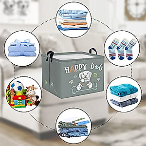 Clastyle Collapsible Happy Dog Toy Storage Bin with Handle Grey Rectangular Puppy Storage Basket for Pets Toys Clothes Leashes, 15.7x11.8x11.8 in