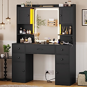 Tiptiper Large Makeup Vanity Desk with Mirror and Lights, Vanity Table with Charging Station & Time Display & Ambient Light, Makeup Table with Drawers & Storage Cabinets, Black