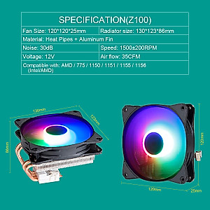 GOLDEN FIELD Z100 CPU Air Cooler 4 Heatpipes Heatsink 95W Radiator with 120mm Low Profile LED Fan for Intel LGA1151 and AMD AM4