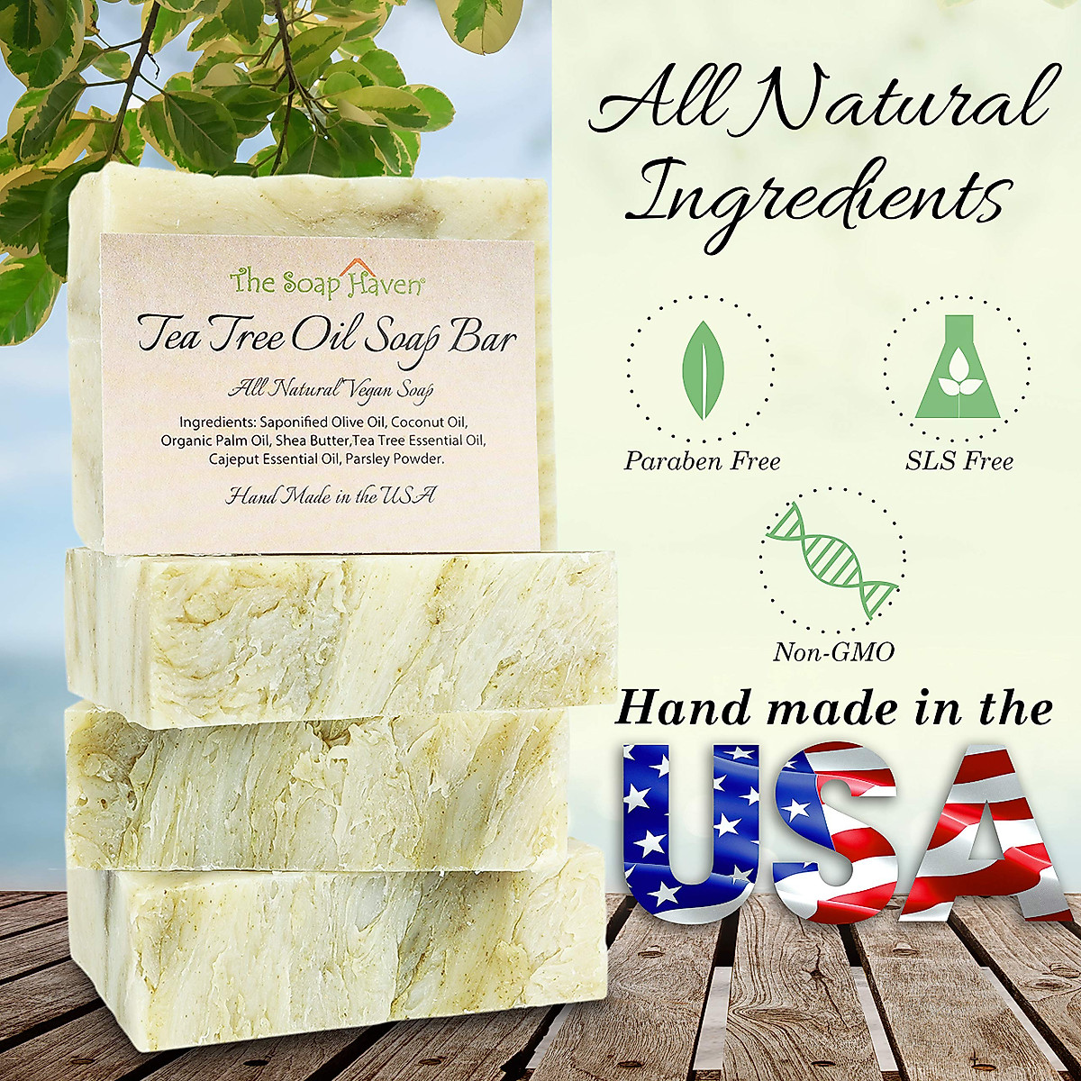TEA TREE SOAP BAR - 4 Natural Tea Tree Oil Soap Bars for Face, Hand, Foot, Body Wash - Fights Blemishes, Itch, Body Odor. Handmade in USA with Non-GMO Ingredients. 4 Large 4.5 oz Bars