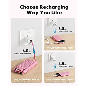 Portable Charger with Built in Cables, Portable Charger with Cords Wires Slim 10000mAh Travel Essentials Battery Pack 6 Outputs 3A High Speed Power Bank for iPhone Samsung Pixel LG Moto iPad