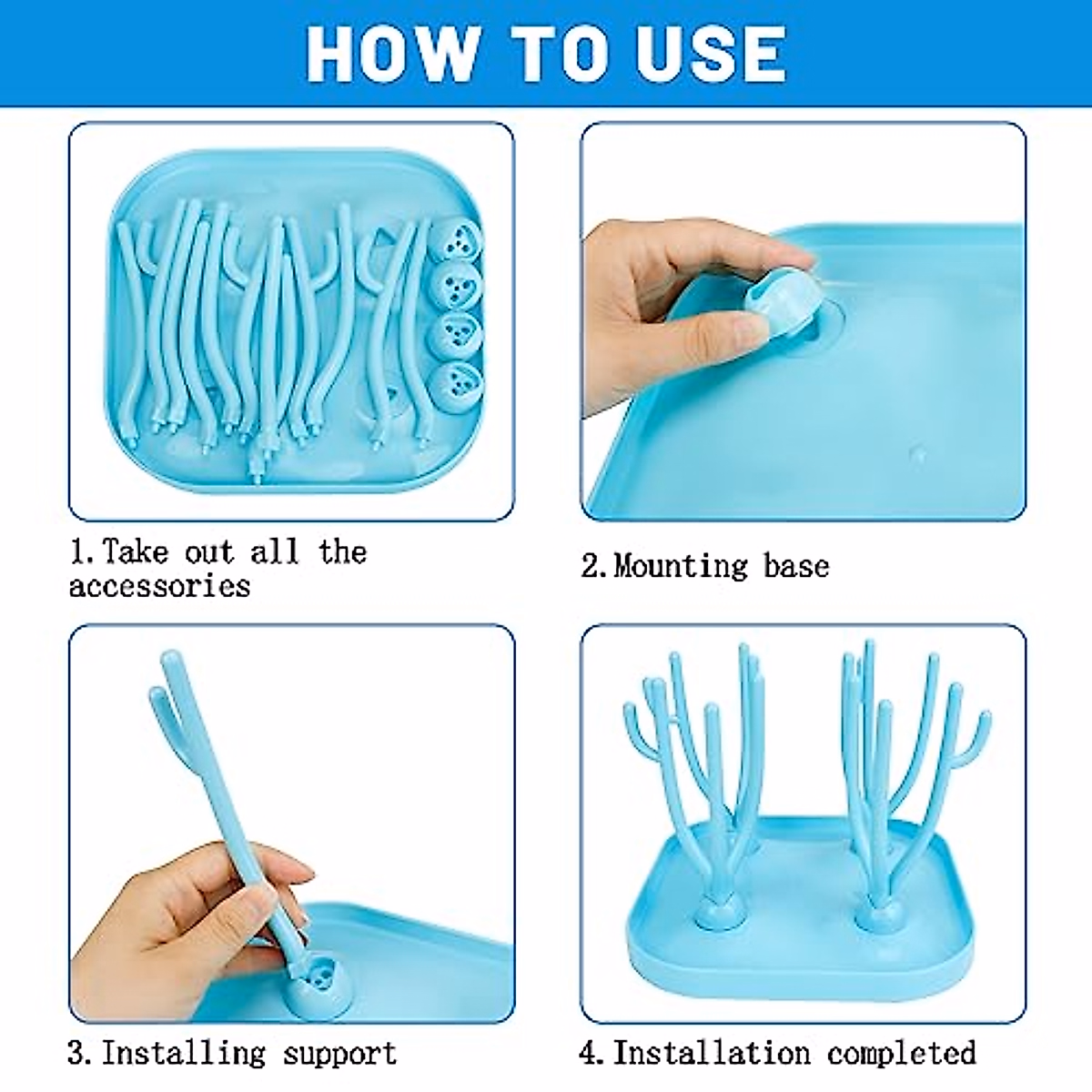 Baby Bottle Drying Rack with Bottle Brush Set, Removable Baby Bottle Holder Baby Bottle Rack Dryer and Baby Bottle Brush Cleaner Nipple Cleaner for Baby Accessories Cleaning Drying Bottle Cup (Blue)