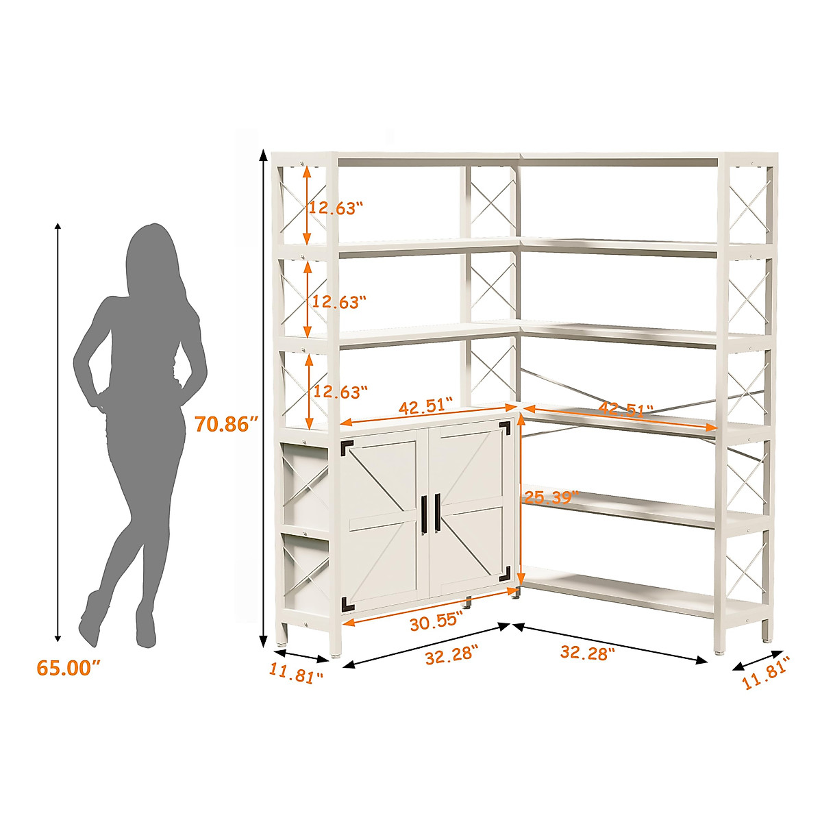 GLAUBIO 6-Tier Corner Bookcase,Farmhouse Style Corner Bookshelf, 5-Tier Tall Corner Shelf Storage Display Rack with Metal Frame for Living Room Home Office,White