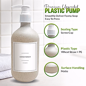 Quintessential Soap Dispenser Set of 3 with Pump Nozzles, Wheat Straw Bottles 500 ml Dispenser, Refillable Liquid Dispensers for Bathroom Countertop & Dish wash Soaps with 14 Organizing Labels