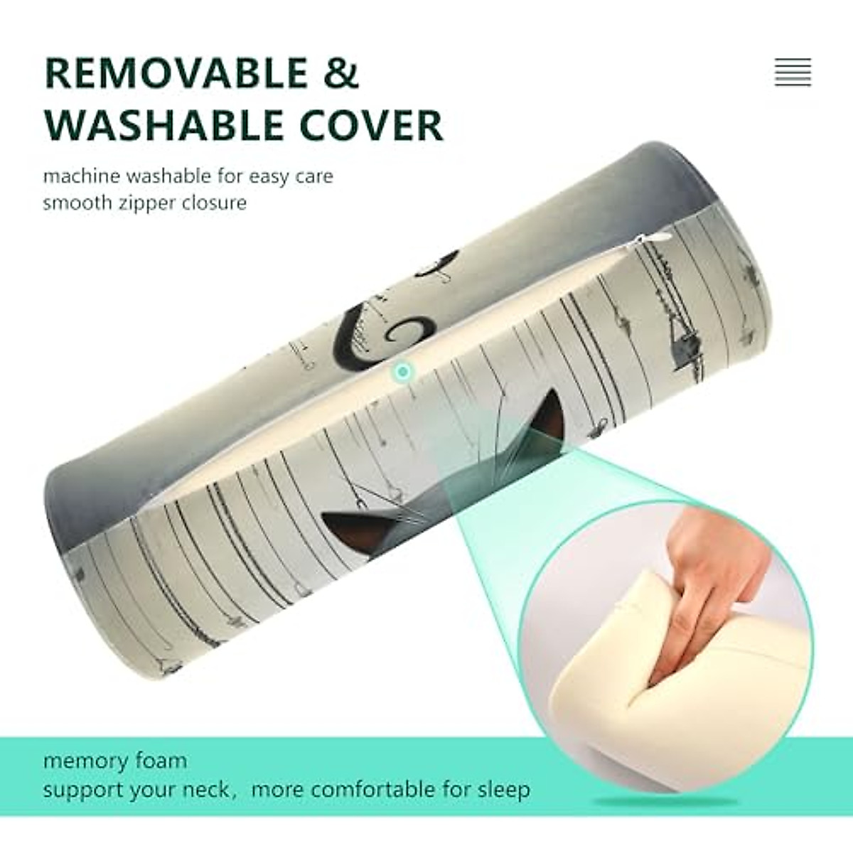 xigua Funny Cat Neck Roll Pillow for Neck Relief with Removable Washable Cover - Memory Foam Round Cylinder Bolster, Ergonomically Designed for Head, Neck, Back, and Legs