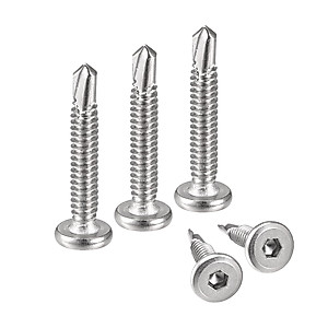 uxcell Hex Socket Self Tapping Screws, #10 x 1-1/4" 410 Stainless Steel Sheet Metal Flat Head Drilling Screw 100pcs, Silver