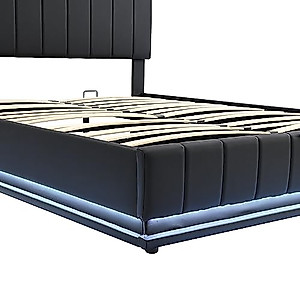 Favfurish Queen Size Lift Up Storage Bed,with Hydraulic System & 16 Color of LED Light,PU Upholstered Modern Platform BedFrame,w/Sockets and USB Ports for Boys Girls Teens Adult,Black