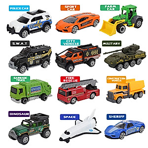 Oriate Diecast Toy Cars Set for 3 4 5 6 7 8 Year Old Boys, 12 Pack Mini Metal Cars 1/64, 12 Theme in one Set Blind Box Edition- Include Farm, Space Ship, Truck for Children Birthday Party Decor Gifts