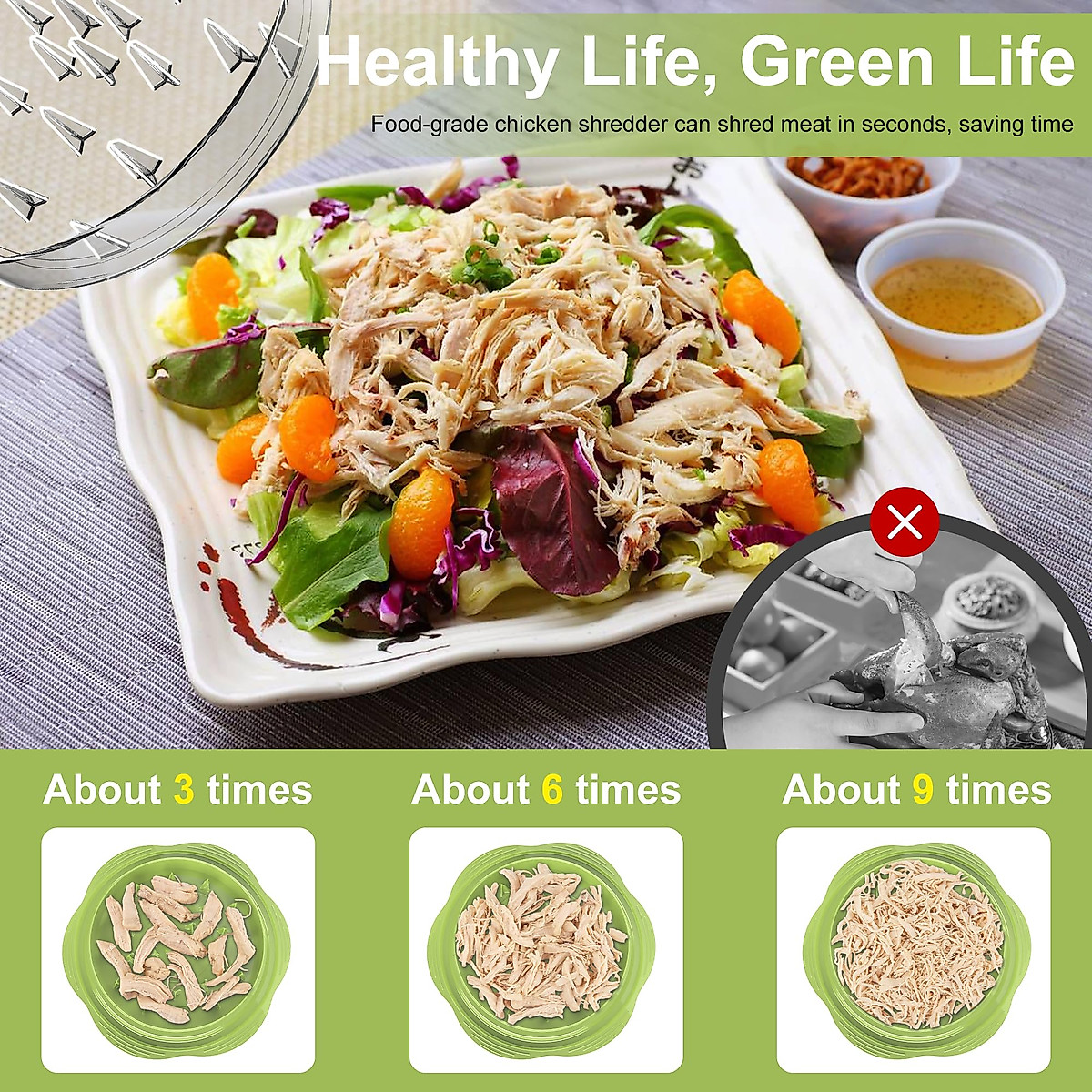 SURETIVIAN Chicken Shredder Large Chicken Breast Shredder Tool Twist with Brush&Fork, Visible Meat Shredder Machine, Anti-Slip Strip, Ergonomic Handle, BPA Free, Pork Beef Chicken(Matcha)