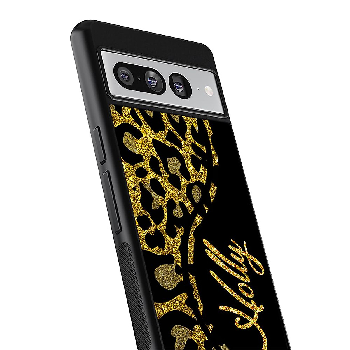 Leopard Skin Gold Personalized Black Rubber Phone Case Compatible With Google Pixel 8 Pro, 8a, 8, 7a, 7, Pixel 7 Pro, 6a, Pixel 6 Pro, 6, 5, 4a 5G, 4a 4G, 4, 4 XL, 3a, 3a XL, 3, 3 XL, 2