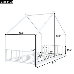 DNYN Twin Size Metal House Bed with Roof Design for Kids Bedroom,Sturdy Steel Bedframe,No Box Spring Needed, White