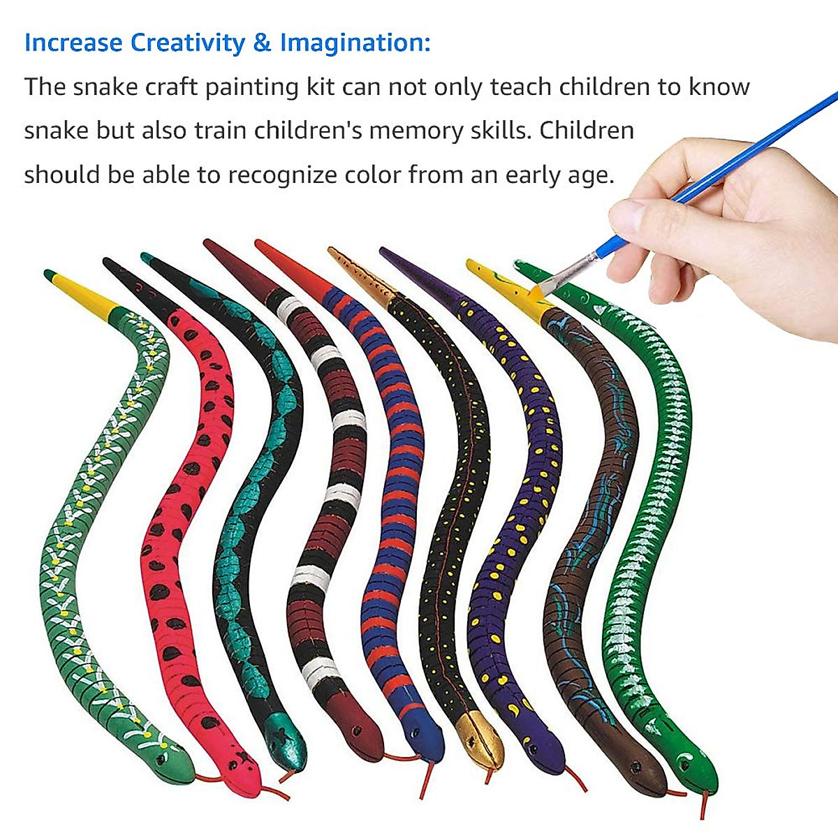 Unfinished Wooden Wiggly Snakes 8 Pcs with 12 Colors Acrylic Craft Paint and 2 Paint Brush - 12” Flexible Natural Timber Snake for Arts and Crafts Themed Birthday Party Supplies, Halloween Prop Toys
