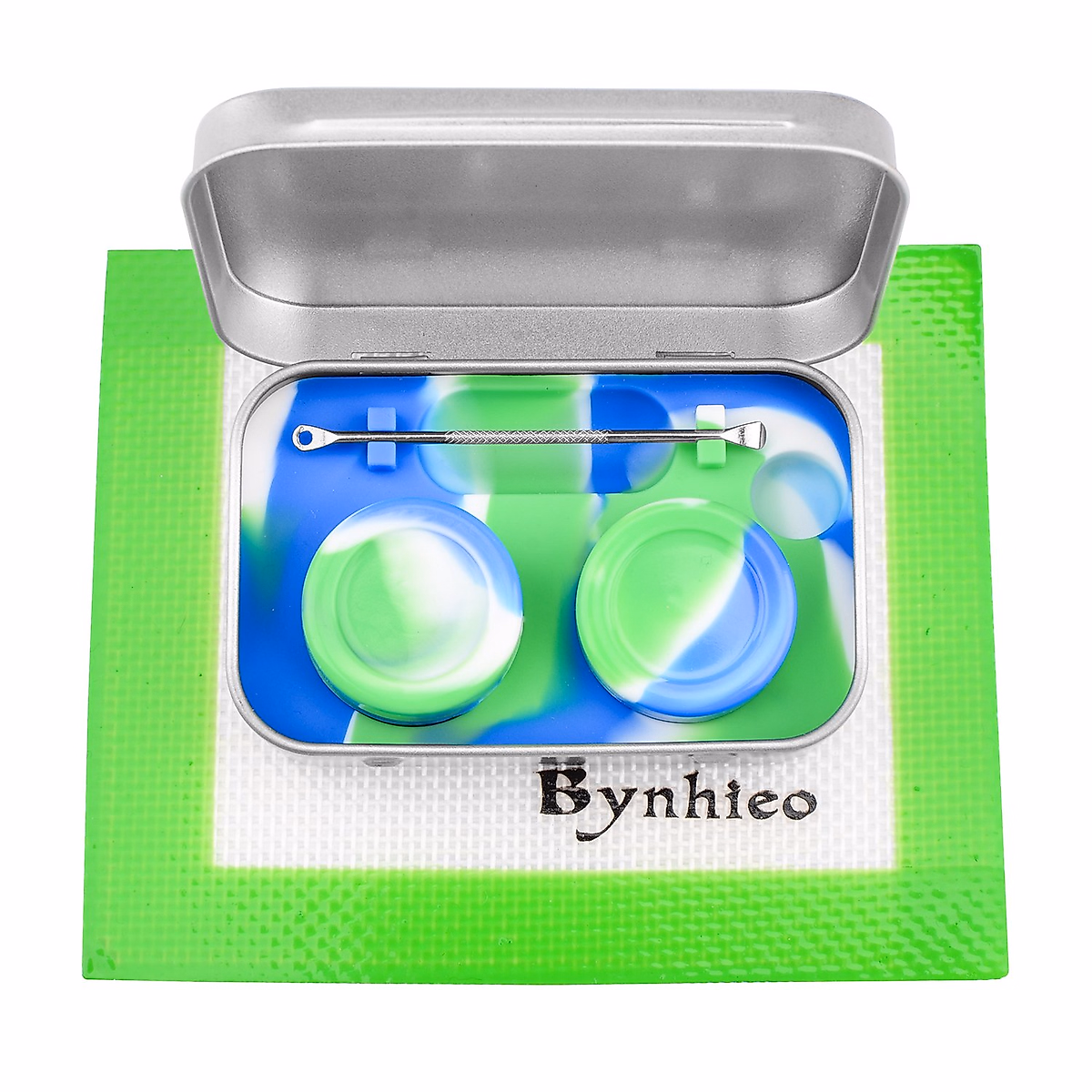 Bynhieo portable tin box 2-5ml silicone container jars wax carrying case with Silicone Mat Pad 5.5 X 4.5inch extra stainless steel spoons