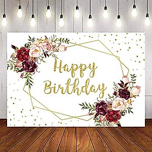 Avezano Burgundy Floral Happy Birthday Backdrop for Women Rose Gold Dots Birthday Photography Background Lady 30th 40th Bday Banner(7x5ft)