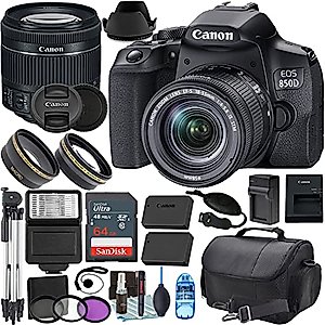 Camera Bundle for Canon EOS 850D / T8i with EF-S 18-55mm f/4-5.6 is STM + Accessories Bundle (64GB, 50in Tripod, Extra Battery, and More)
